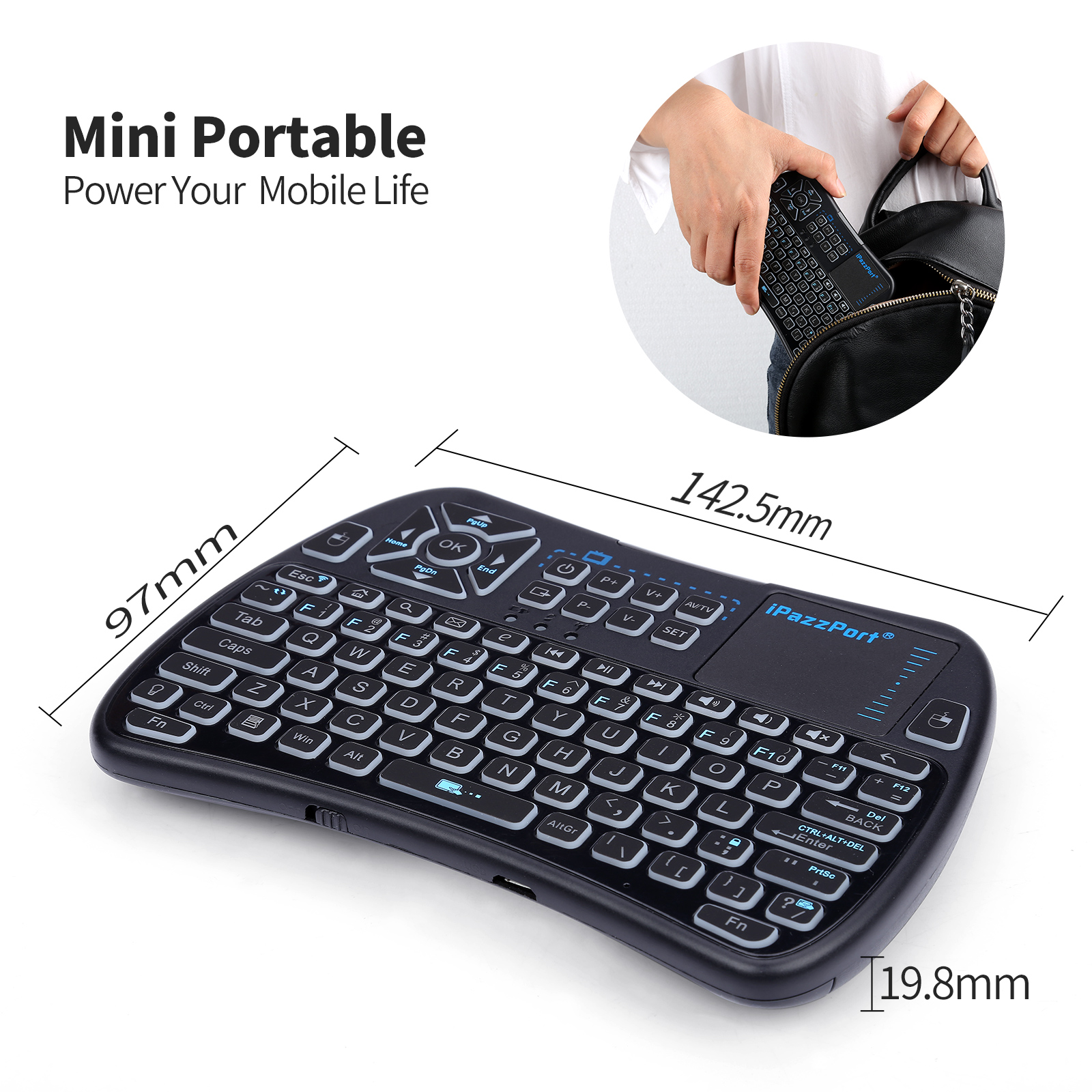 iPazzPort Backlit Mini Keyboard Bluetooth touchpad, Mini 2.4Ghz ...