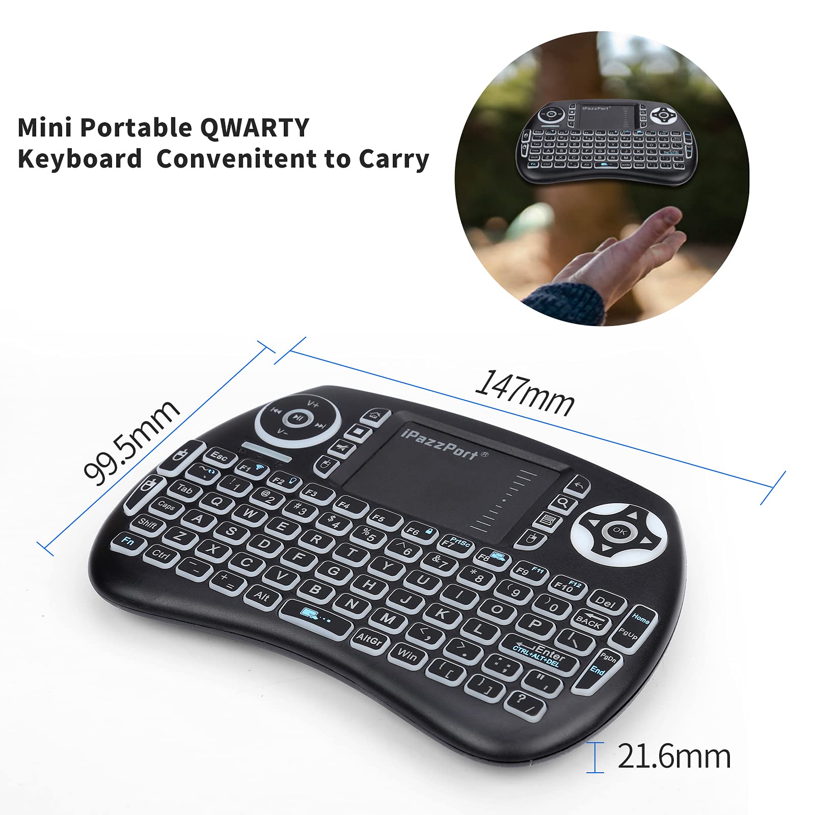 iPazzPort (Newest Upgrade) Mini Bluetooth Keyboard with Touchpad (Handheld Keyboard), Backlit ...